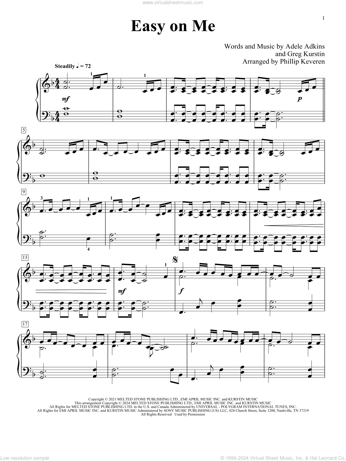 Easy On Me (arr. Phillip Keveren) sheet music for piano solo v2