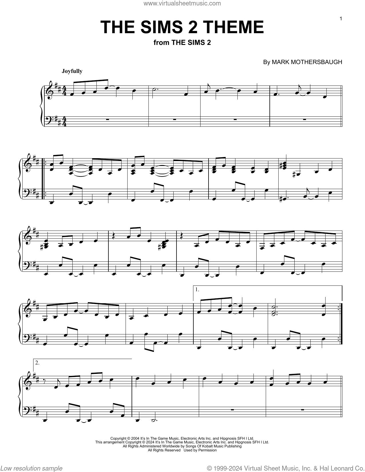 The Sims 2 Theme (from The Sims 2) sheet music for piano solo