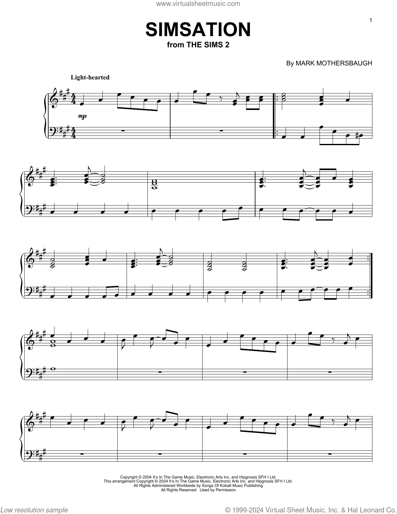 Simsation (from The Sims 2) sheet music for piano solo (PDF)
