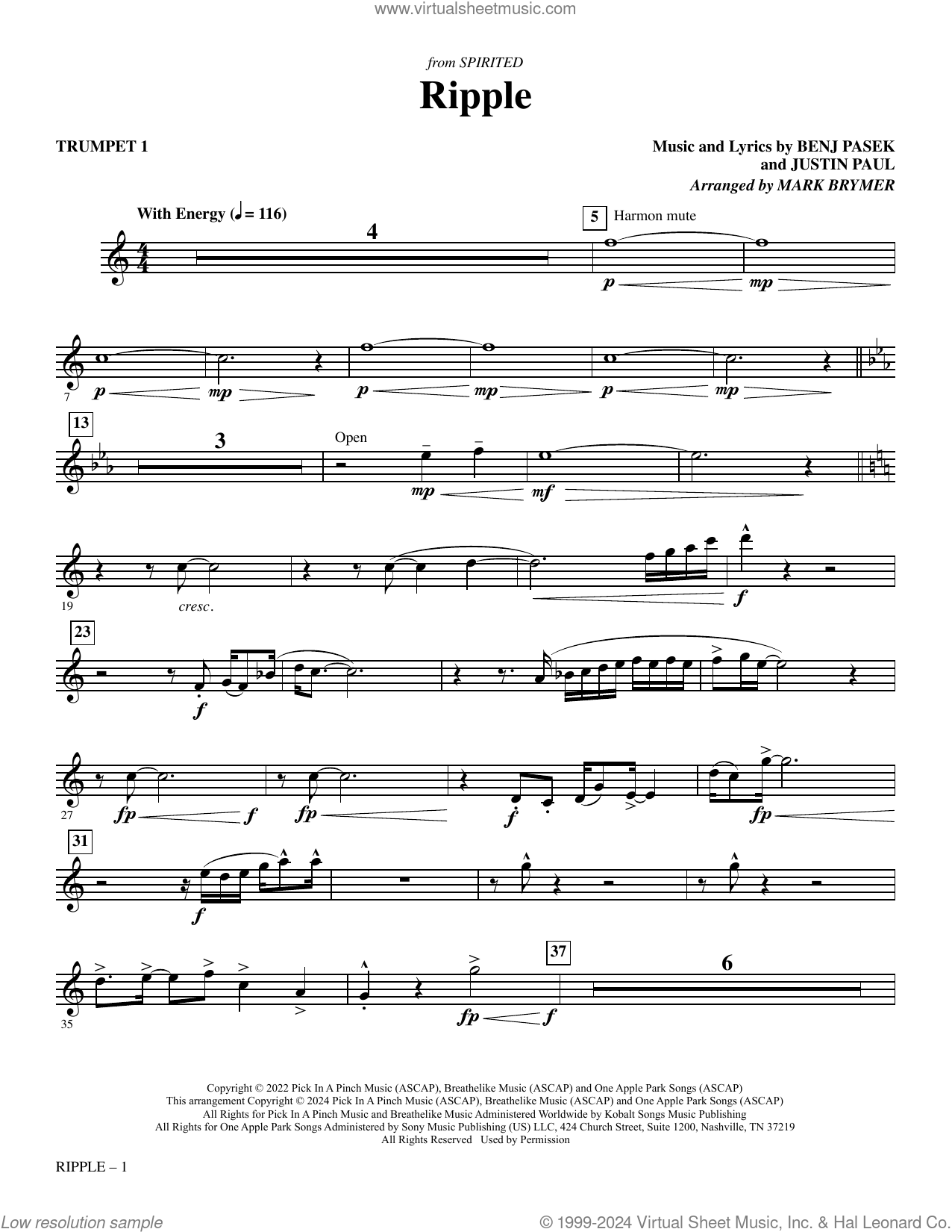 Ripple (from Spirited) (arr. Mark Brymer) (complete set of parts) sheet ...