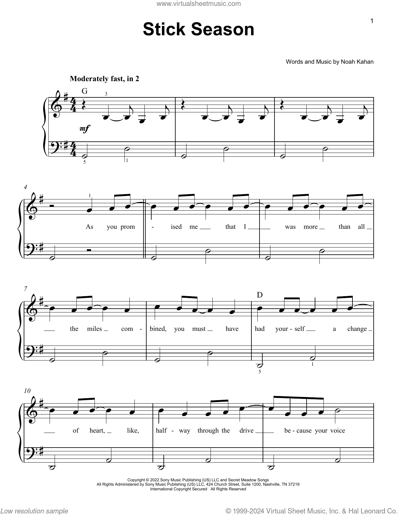 Stick Season, (easy) sheet music for piano solo (PDF-interactive)
