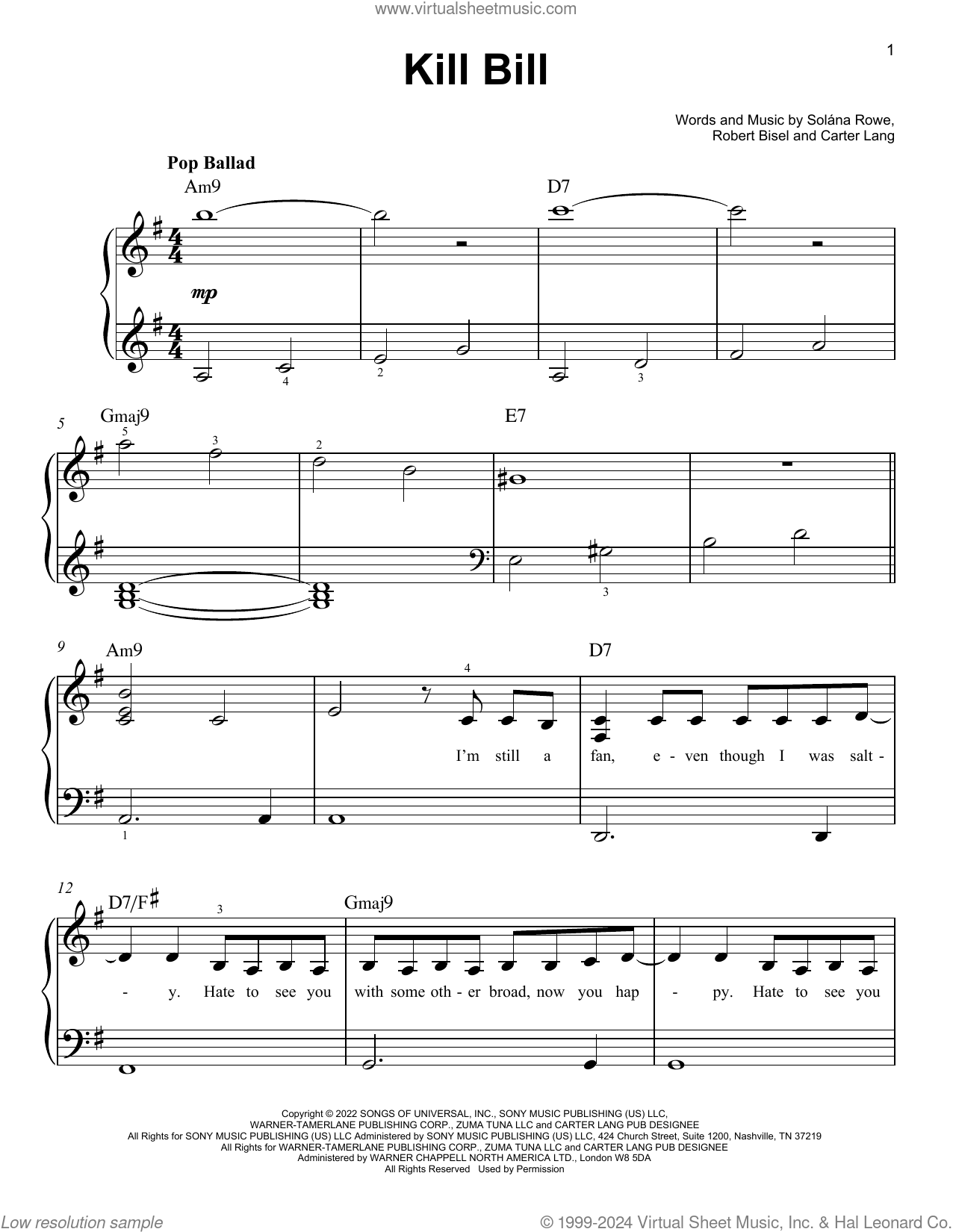 Kill Bill, (easy) sheet music for piano solo (PDF-interactive)