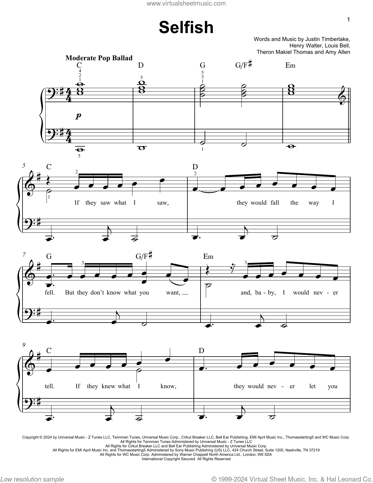 Selfish sheet music for piano solo (PDF-interactive)