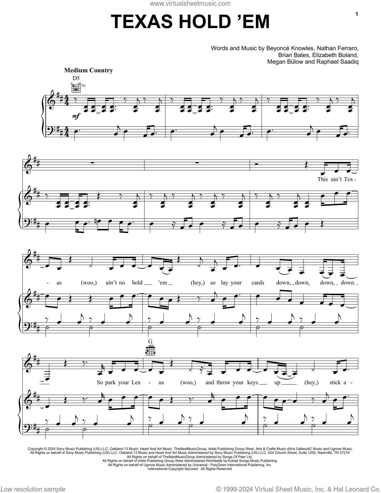 Texas Hold 'Em sheet music for voice, piano or guitar (PDF)