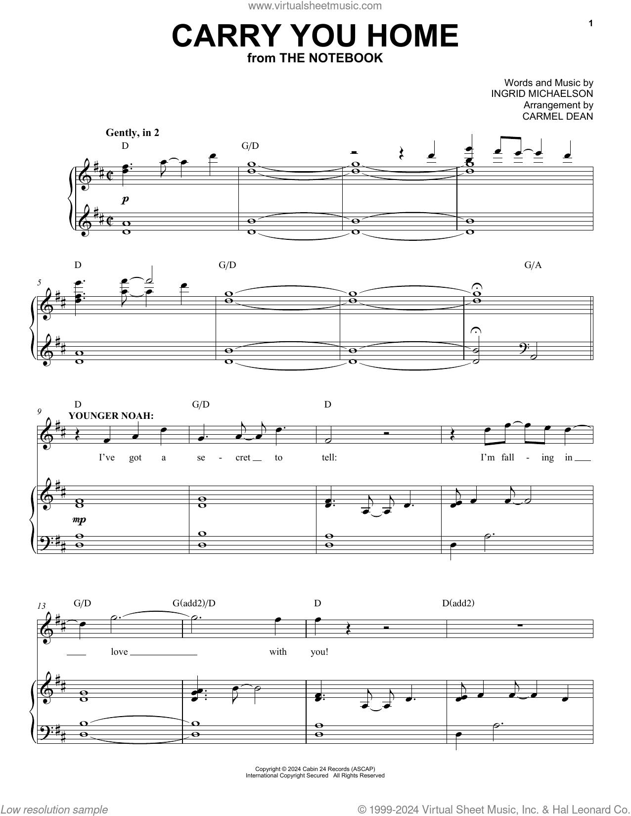 Carry You Home (from The Notebook) sheet music for voice and piano
