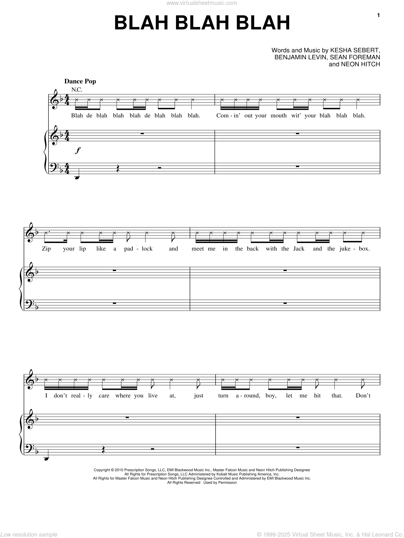 Kesha: Blah Blah Blah sheet music for voice, piano or guitar