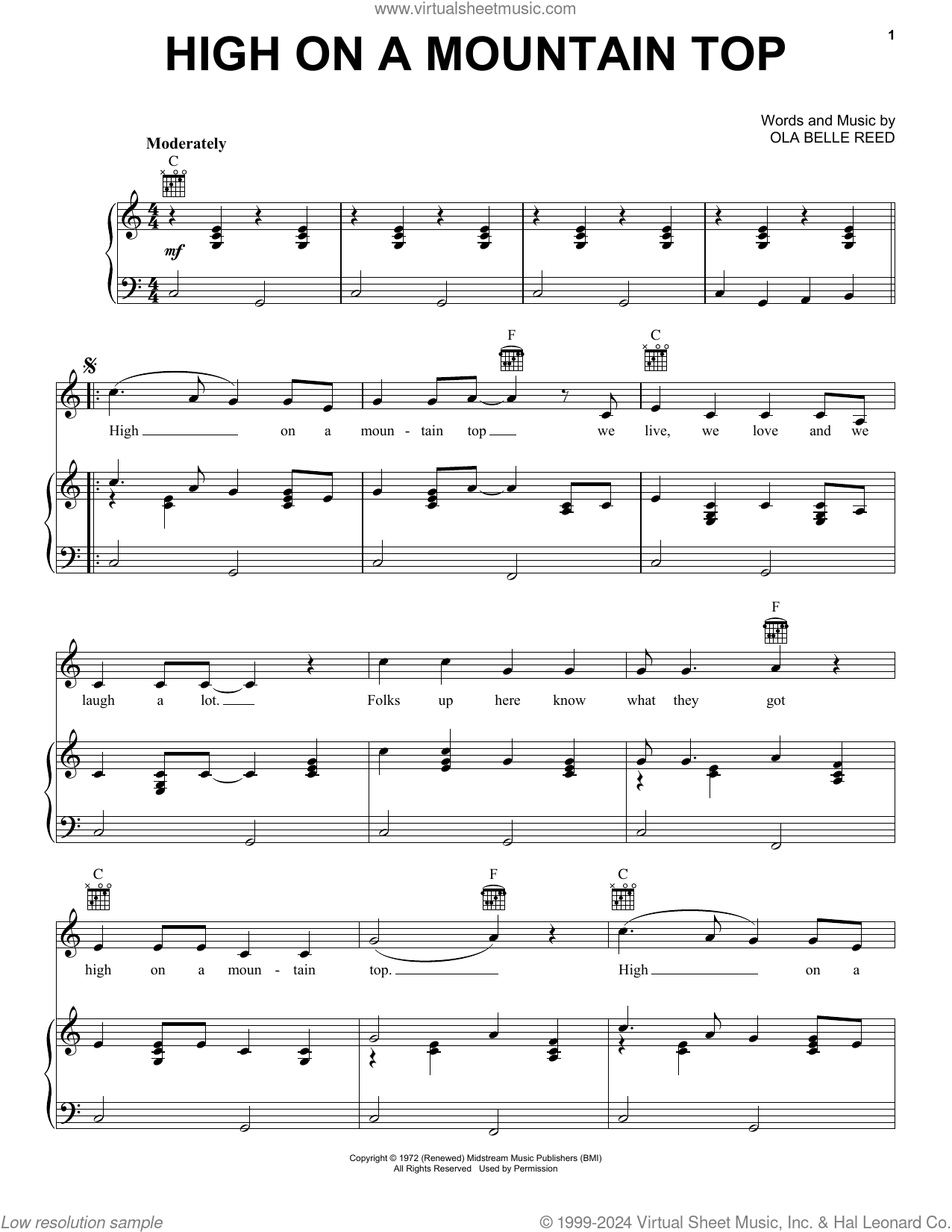 High On A Mountain Top sheet music for voice, piano or guitar