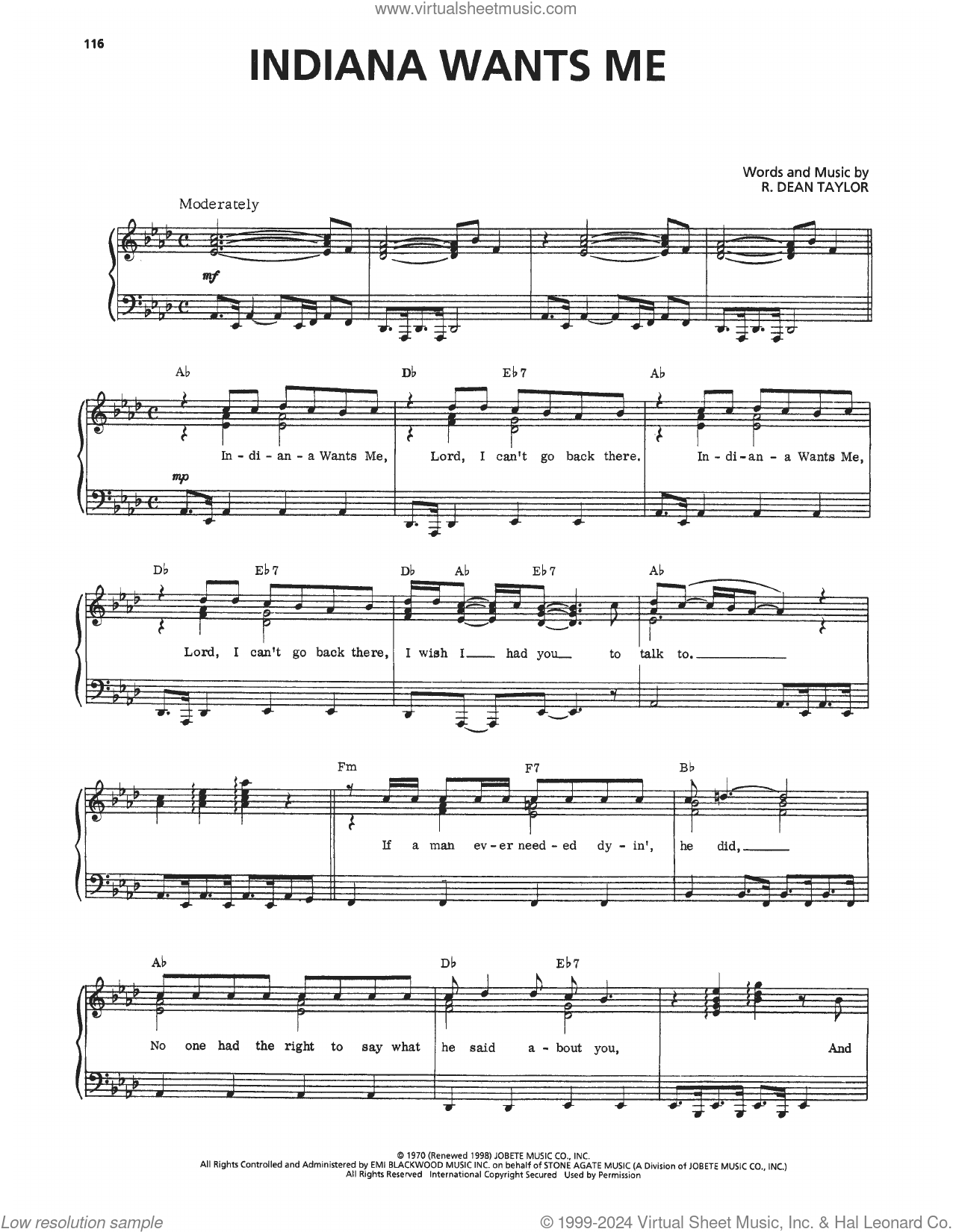 Indiana Wants Me sheet music for voice, piano or guitar (PDF)
