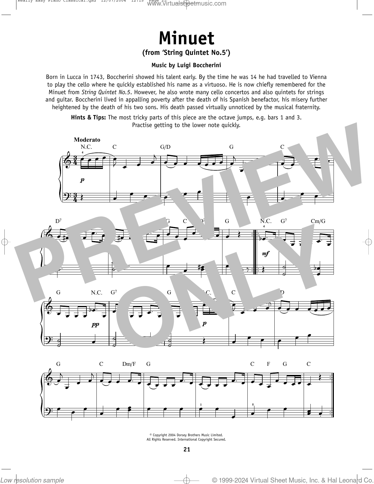 Minuet sheet music (beginner) for piano solo (PDF)
