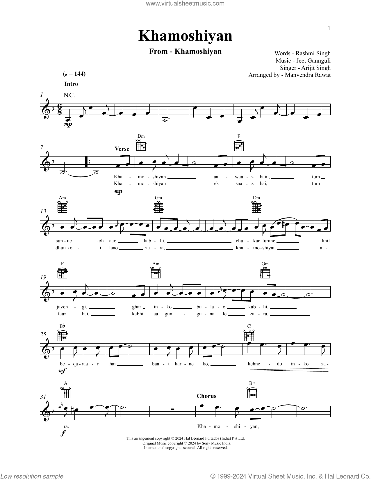 Khamoshiyan sheet music (fake book) (PDF-interactive)