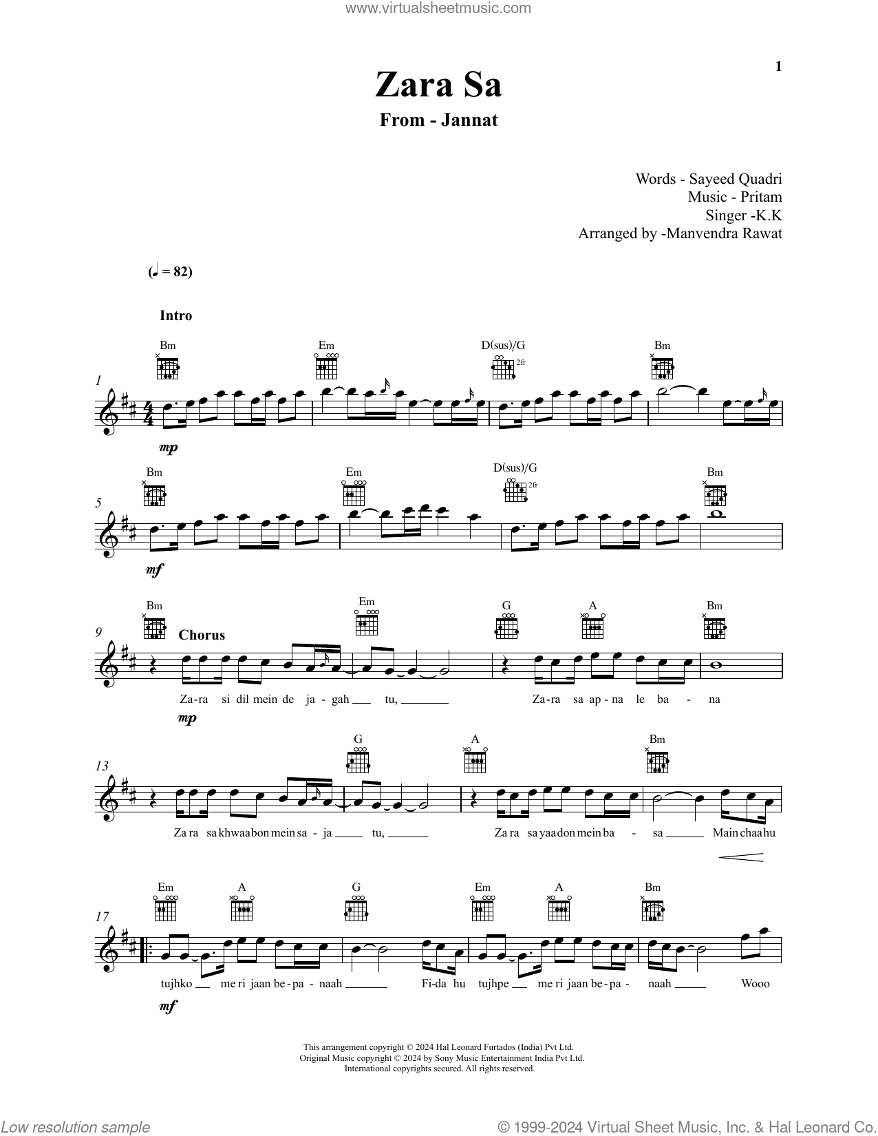 Zara Sa (from Jannat) sheet music (fake book) (PDF-interactive)