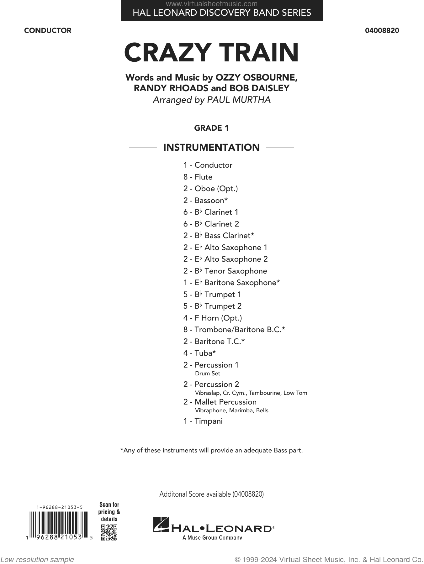 Crazy Train (arr. Paul Murtha) sheet music (complete collection) for concert band