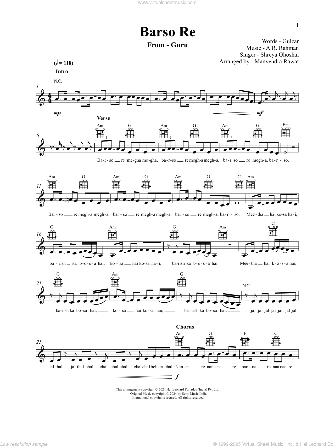 Barso Re (from Guru) sheet music (fake book) (PDF-interactive)