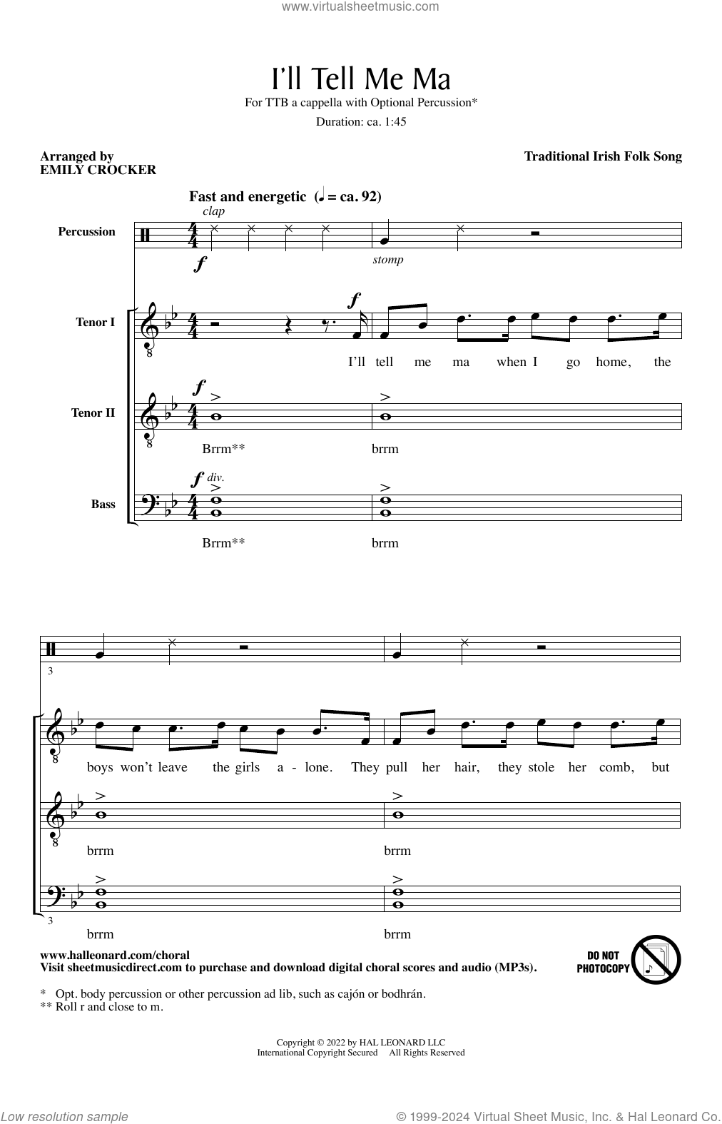 I'll Tell Me Ma (arr. Emily Crocker) sheet music for choir (TTB: tenor ...