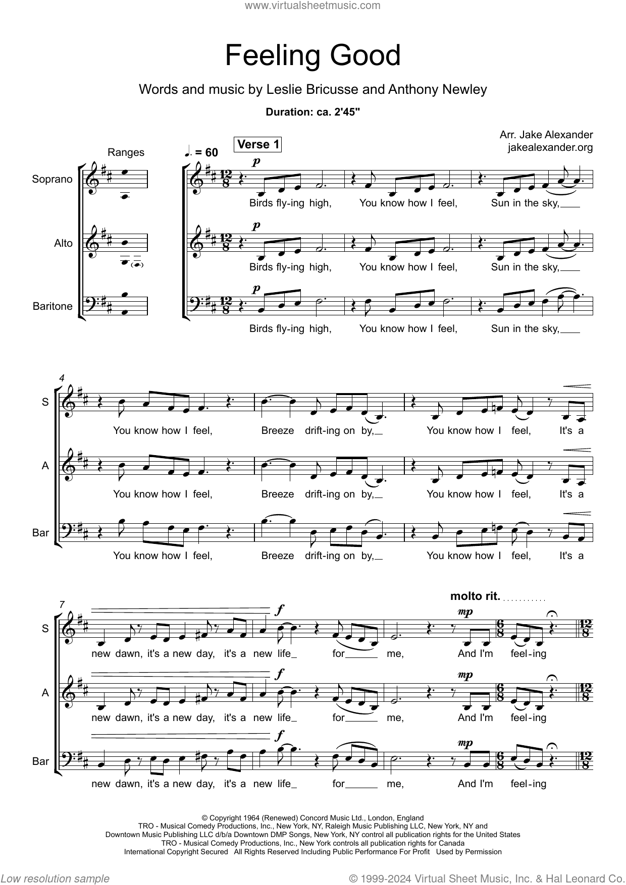 Feeling Good (arr. Jake Alexander) sheet music for choir (SAB: soprano ...