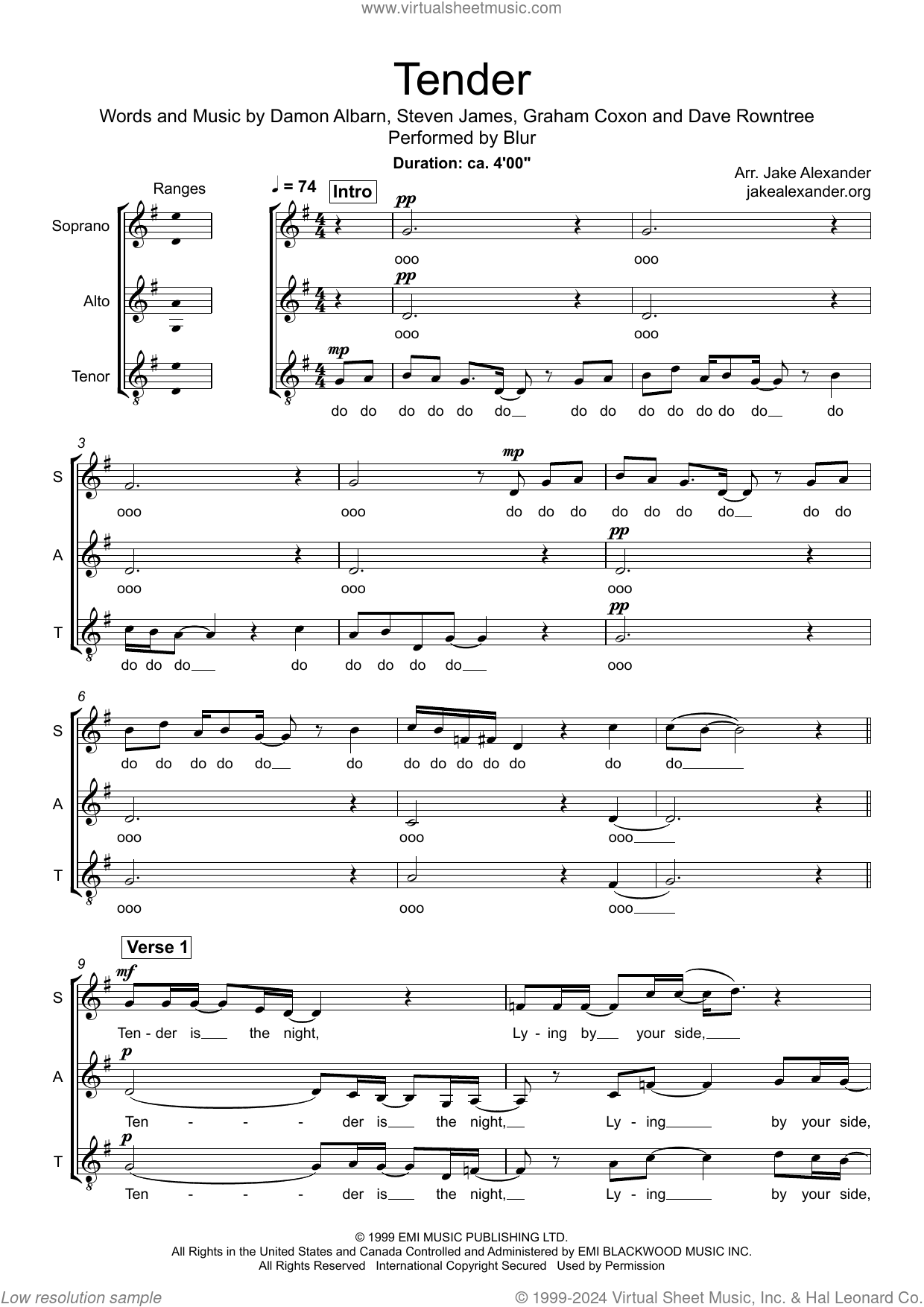 Tender (arr. Jake Alexander) sheet music for choir (SAT: soprano, alto ...