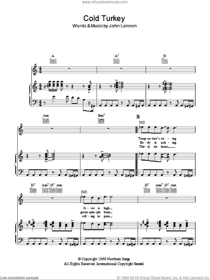 Cold Turkey sheet music for voice, piano or guitar (PDF)