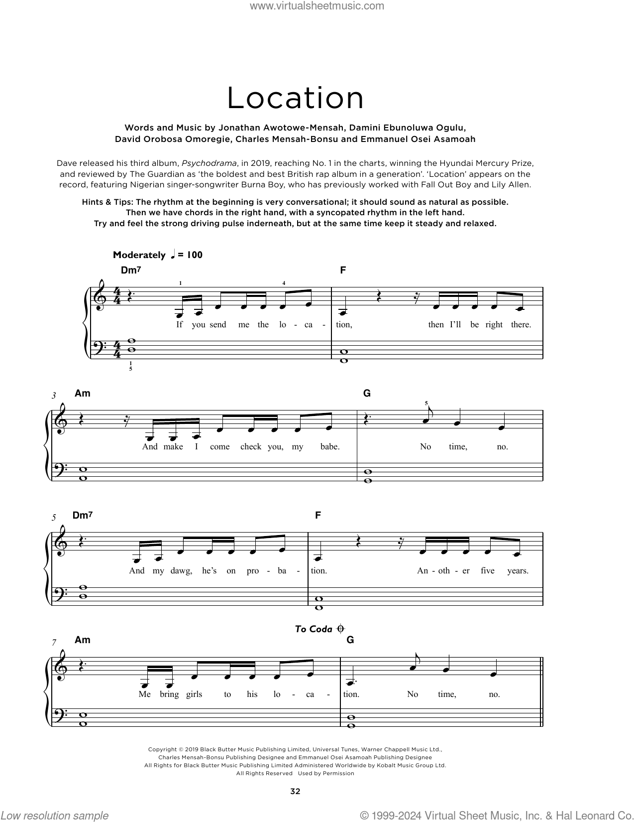 Location (feat. Burna Boy) sheet music for piano solo (PDF)