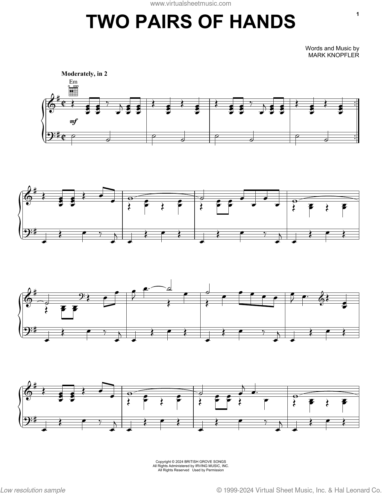 Two Pairs Of Hands sheet music for voice, piano or guitar (PDF)