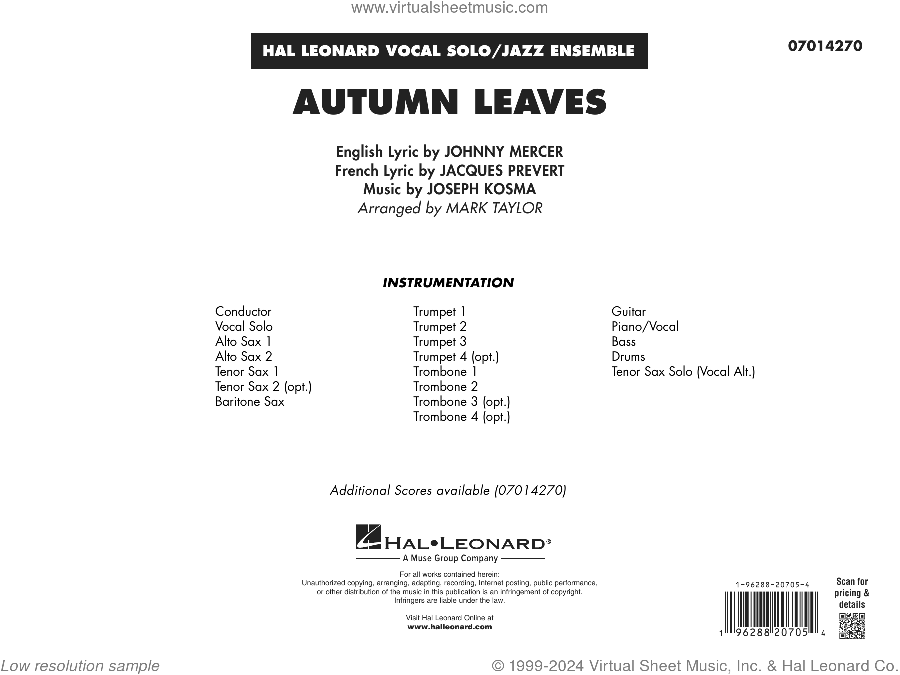 Autumn Leaves (Key: C minor) (arr. Mark Taylor) sheet music (complete ...