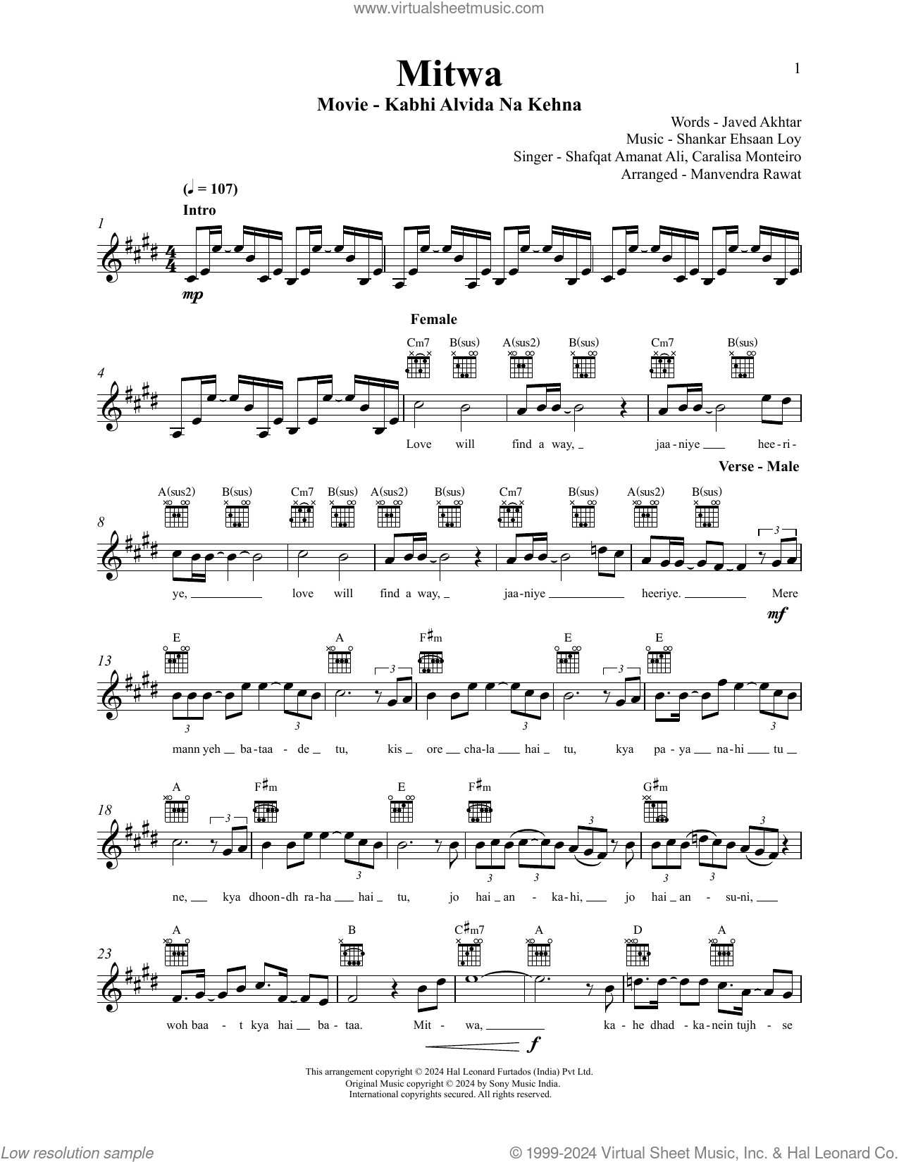 Mitwa (from Kabhi Alvida Naa Kehna) sheet music (fake book) (PDF)