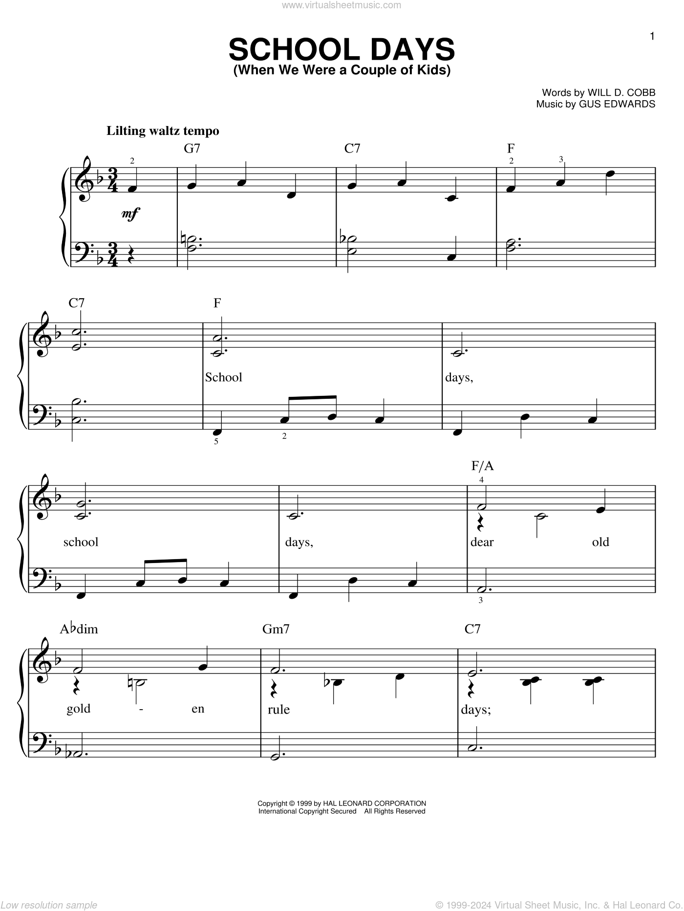 School Days (When We Were A Couple Of Kids) sheet music for piano solo