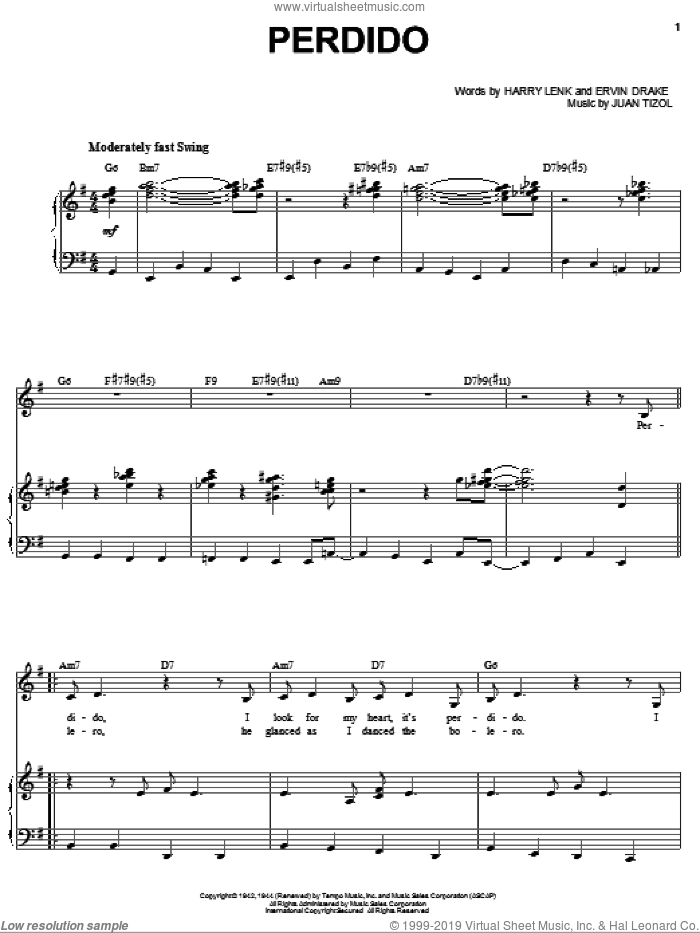 Perdido sheet music for voice and piano (PDF-interactive)