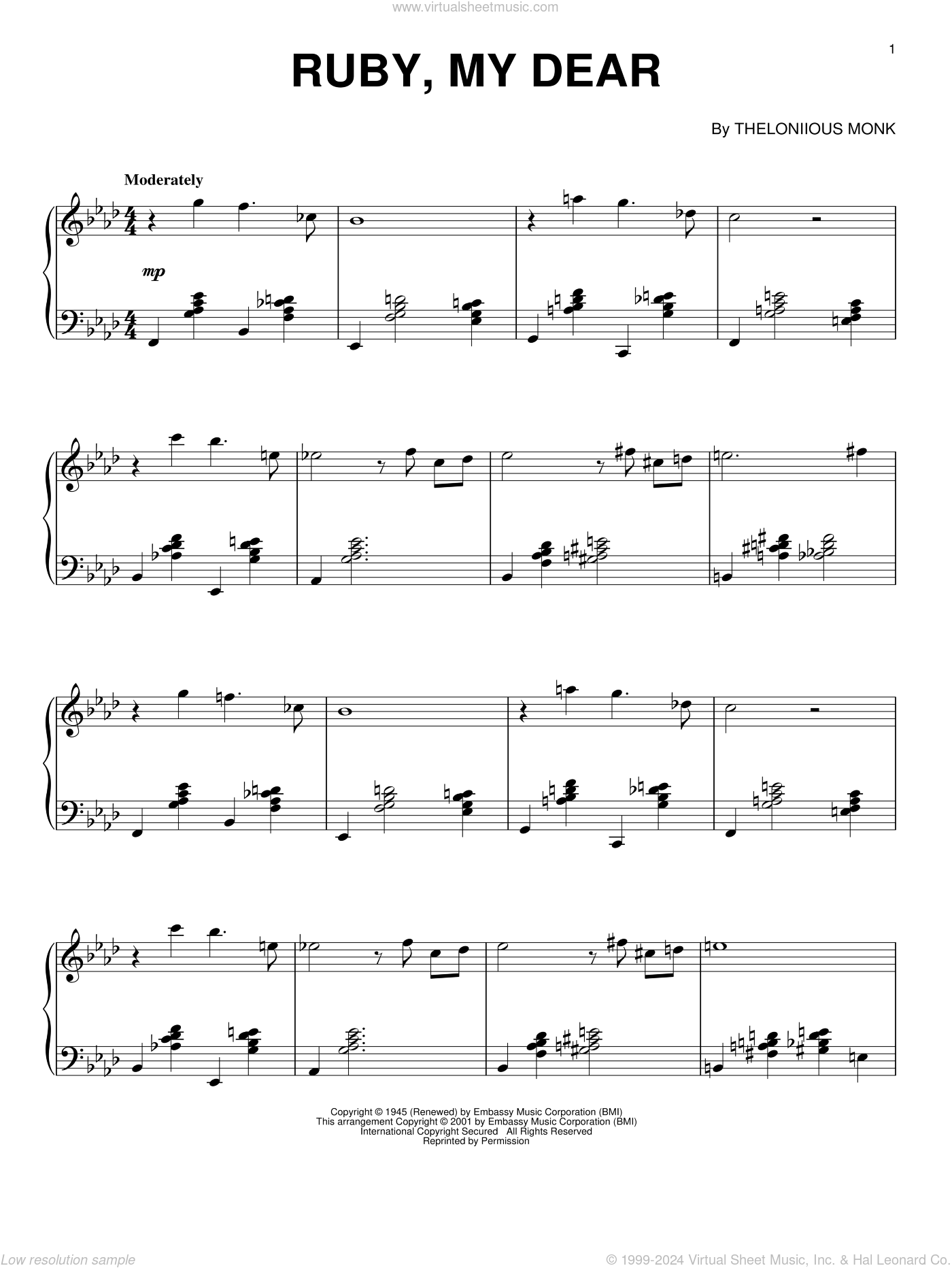 Ruby, My Dear sheet music for piano solo (PDF-interactive)