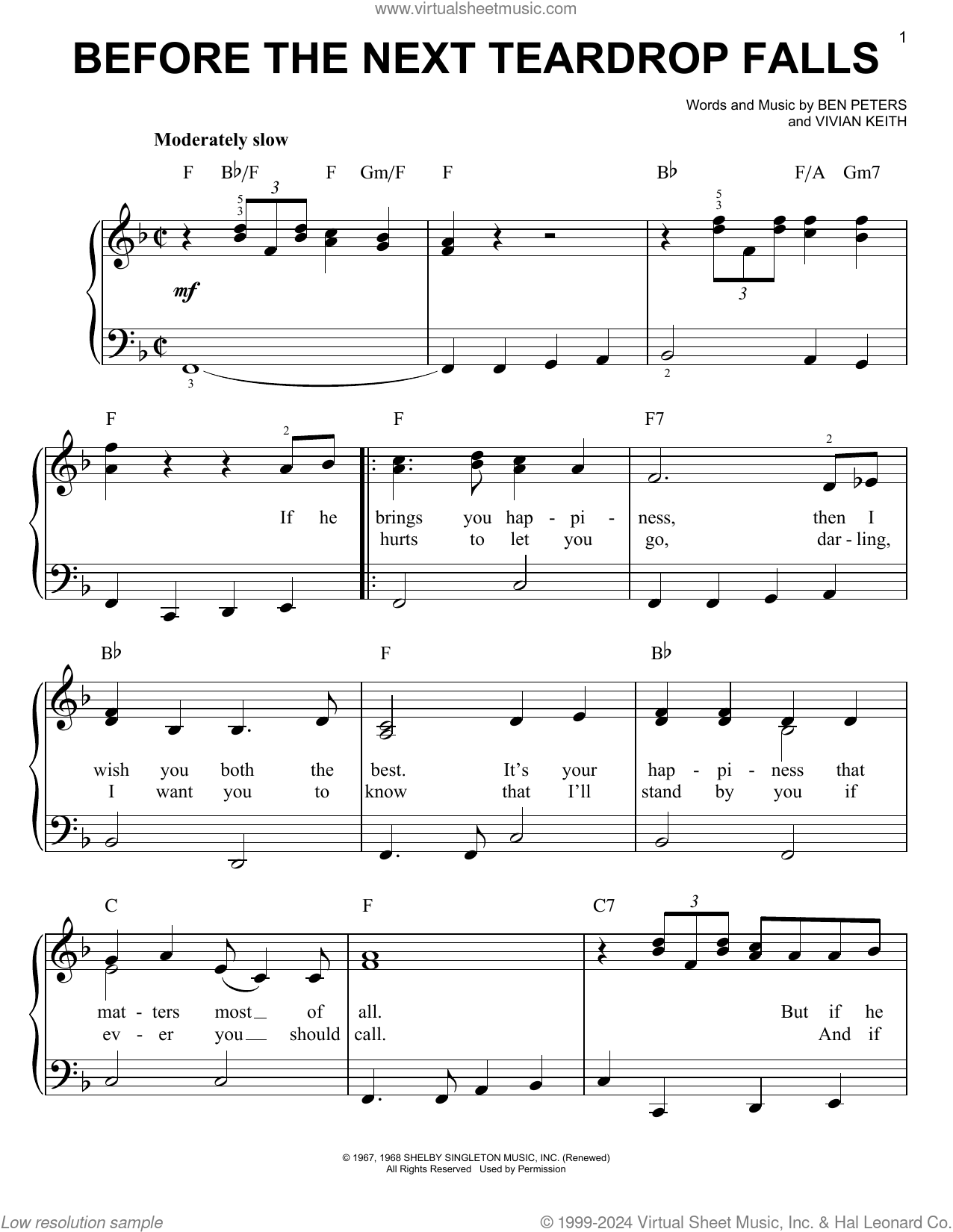 Before The Next Teardrop Falls sheet music for piano solo (PDF)