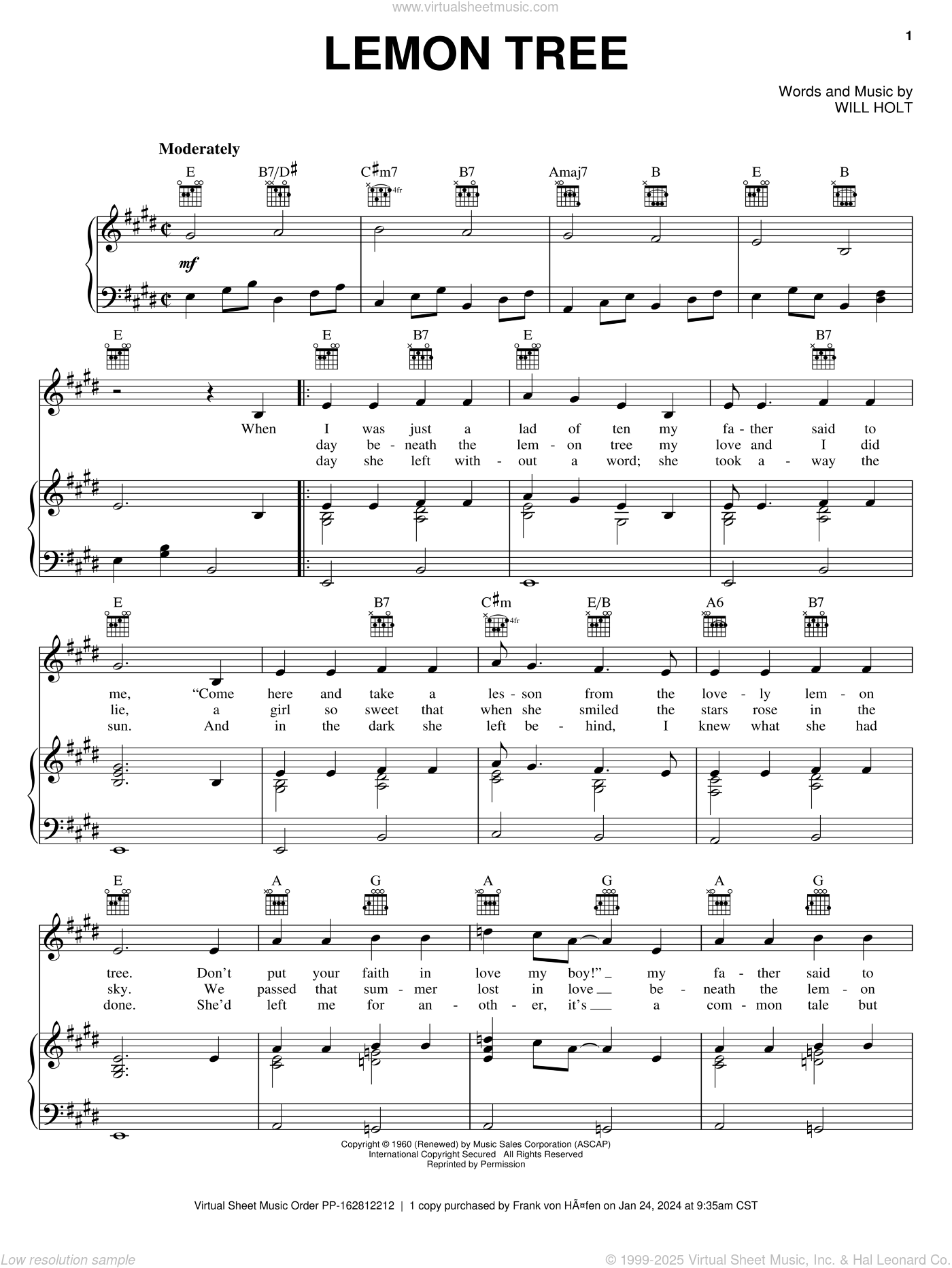Lemon Tree sheet music for voice, piano or guitar (PDF)