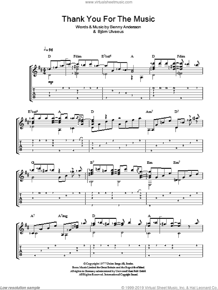 Thank You For The Music sheet music for guitar solo (easy tablature)