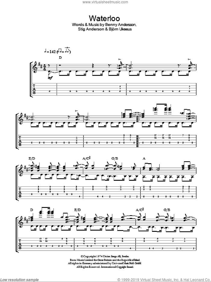 ABBA: Waterloo sheet music for guitar solo (easy tablature) (PDF)