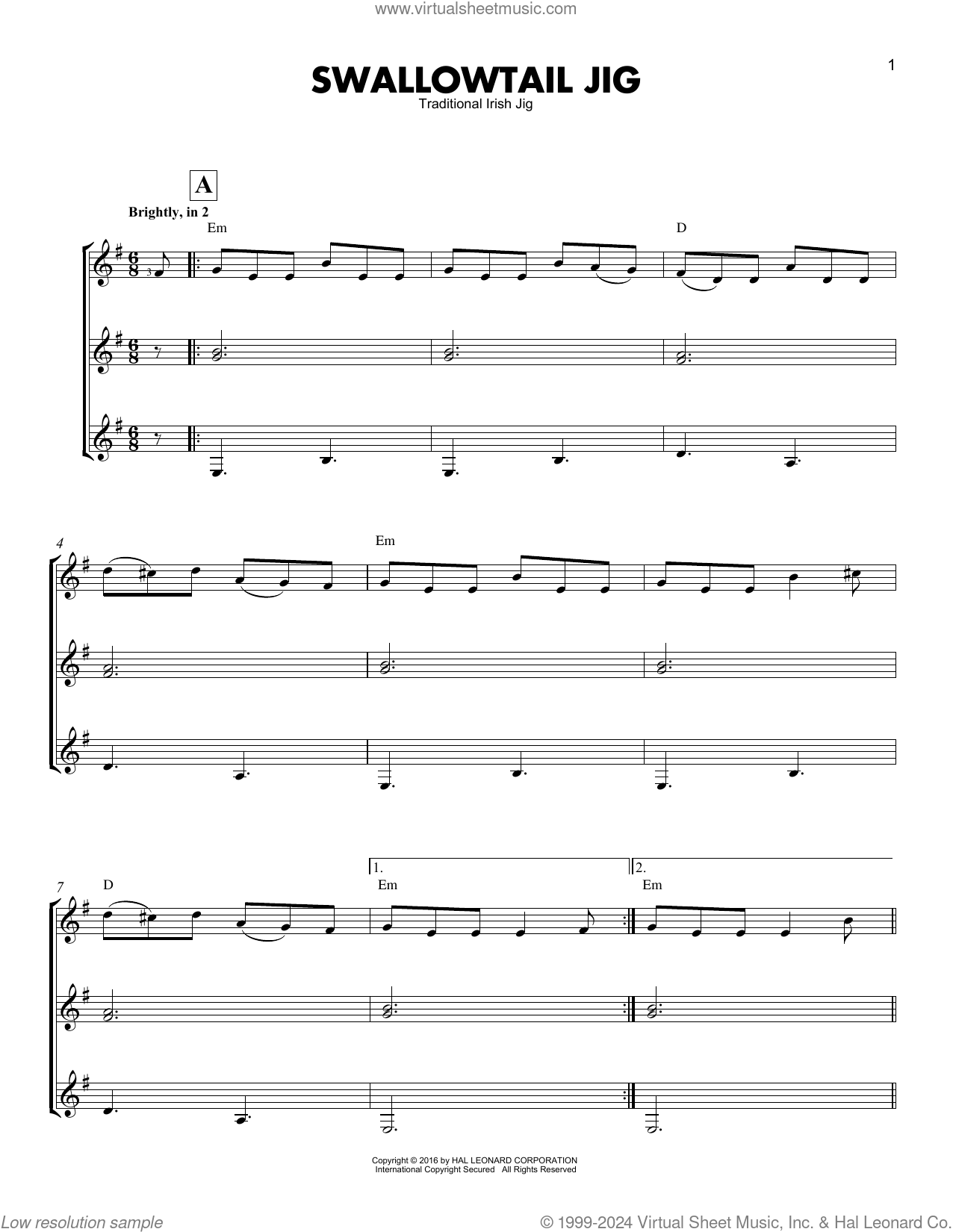 Swallowtail Jig sheet music for guitar ensemble (PDF-interactive)