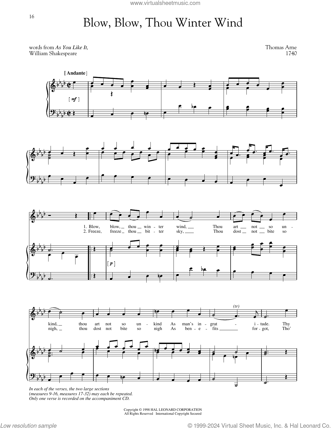 Blow, Blow, Thou Winter Wind sheet music for voice and piano (High Voice)