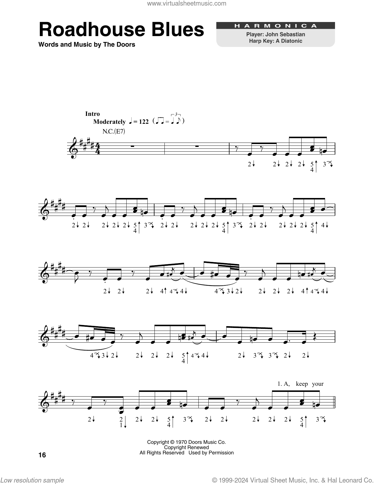 Roadhouse Blues sheet music for harmonica solo (PDF)