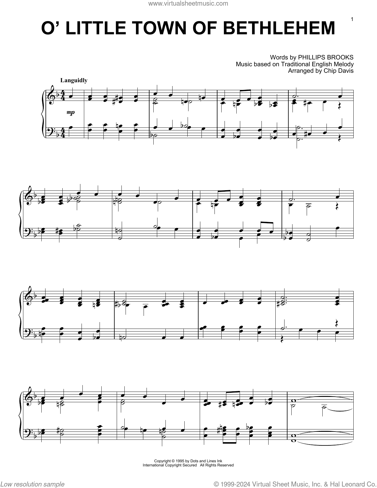 O' Little Town Of Bethlehem sheet music for piano solo (PDF)