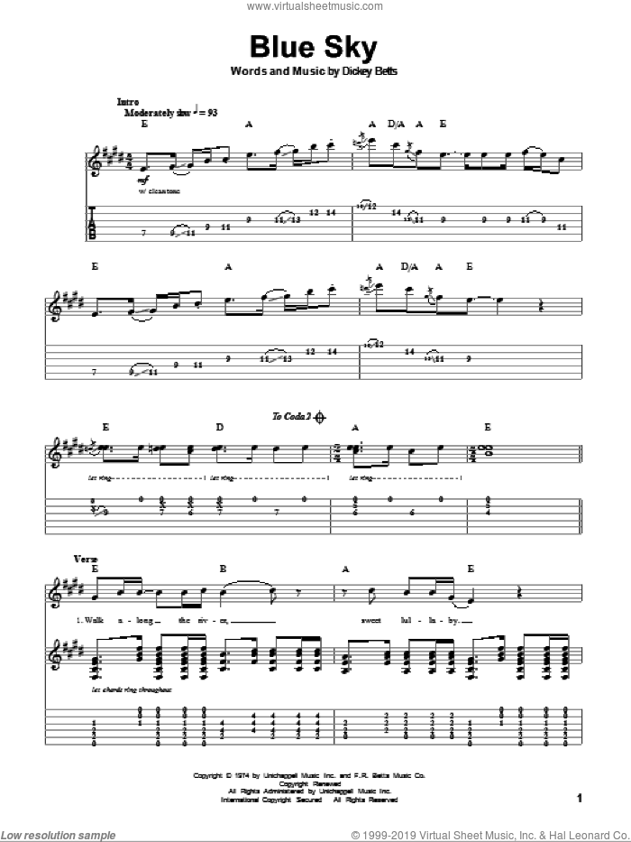 Blue Sky sheet music for guitar (tablature, play-along) v2