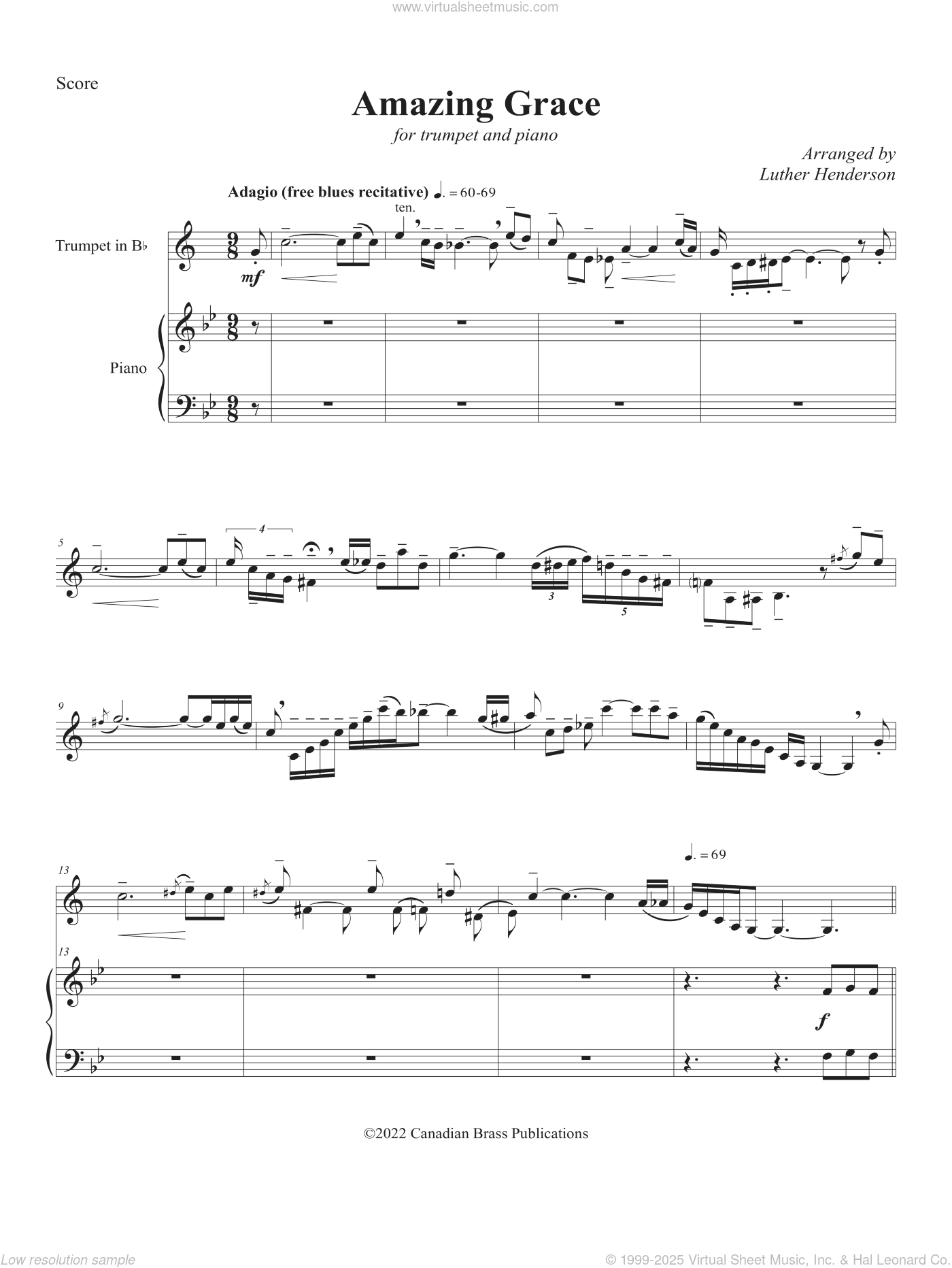 Amazing Grace sheet music for trumpet and piano (PDF)