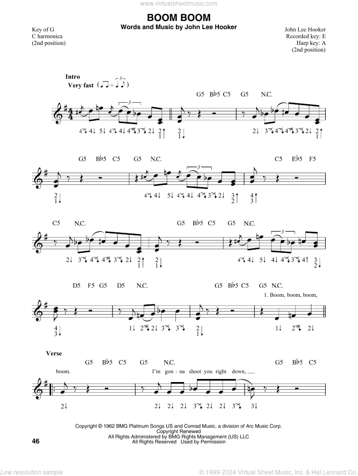 Boom Boom sheet music for harmonica solo (PDF)