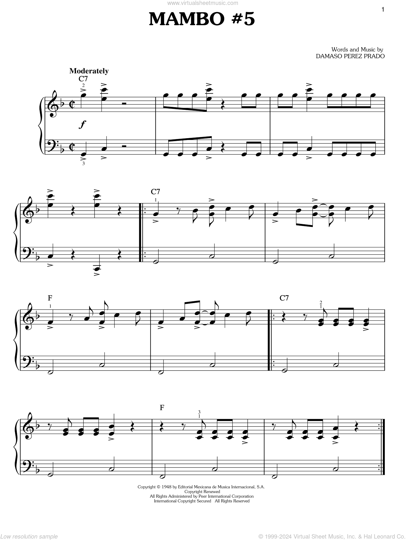 Mambo #5, (easy) sheet music for piano solo (PDF-interactive)