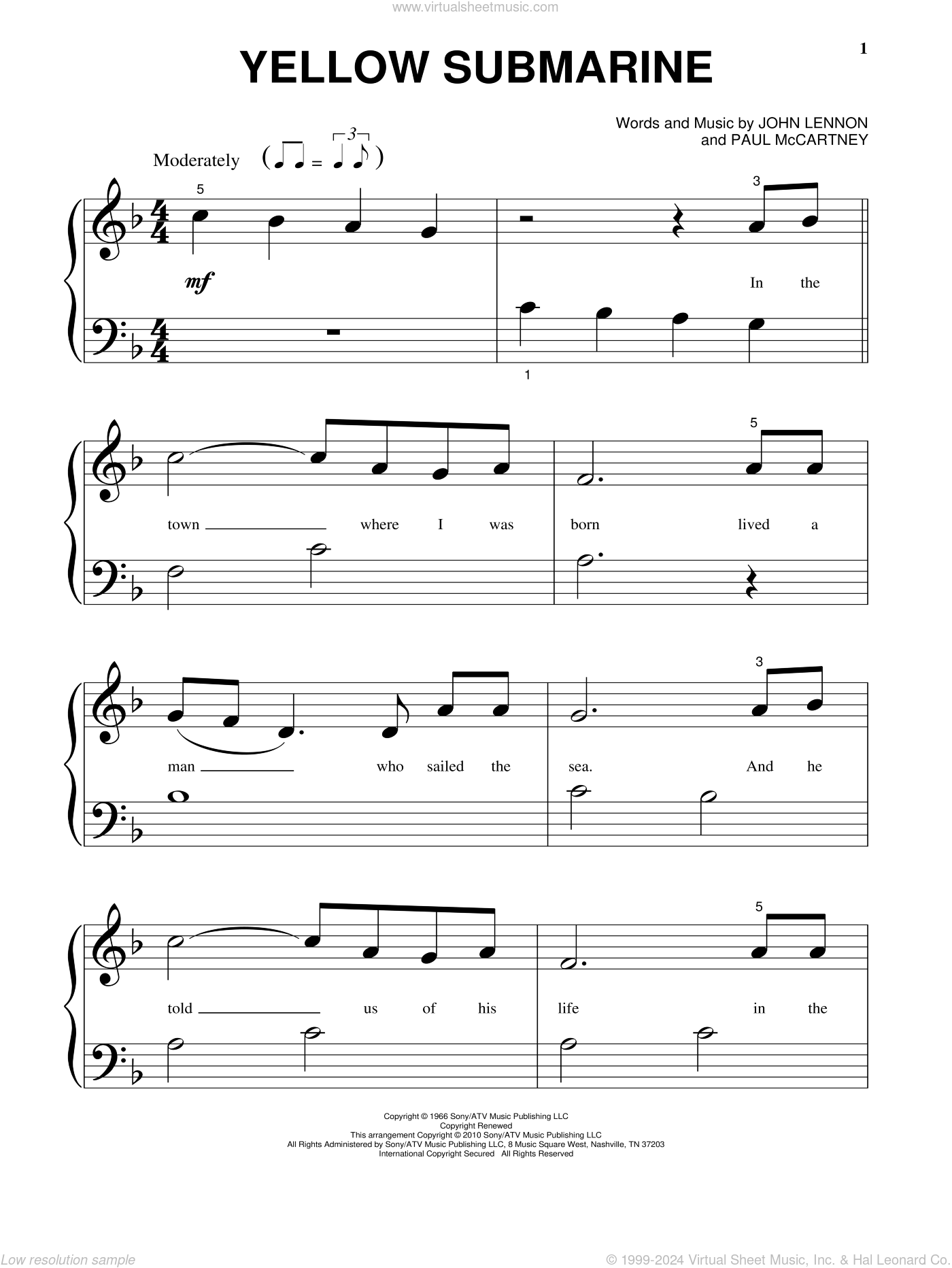 Yellow Submarine, (beginner) sheet music for piano solo (PDF)