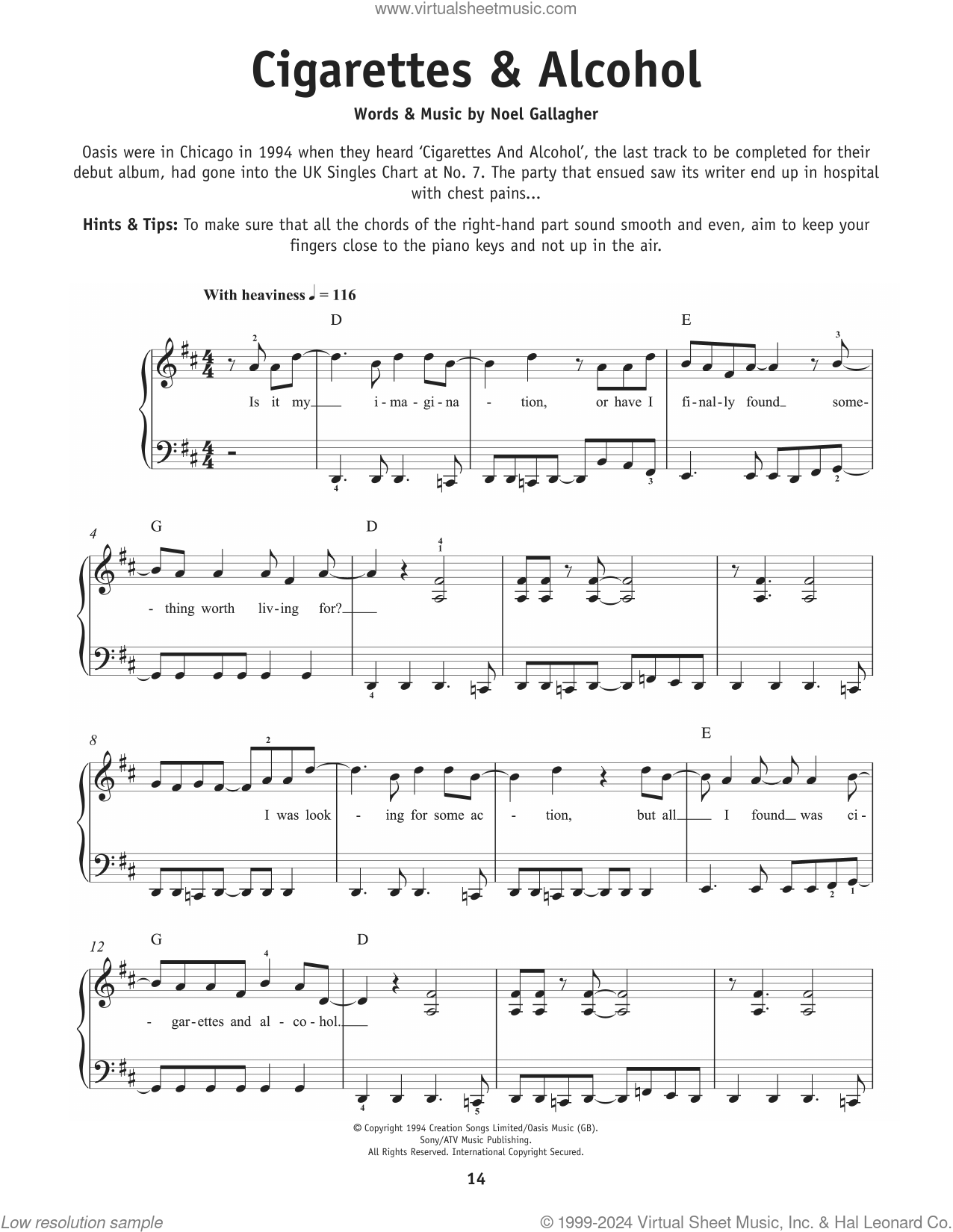Cigarettes and Alcohol sheet music for piano solo (PDF)