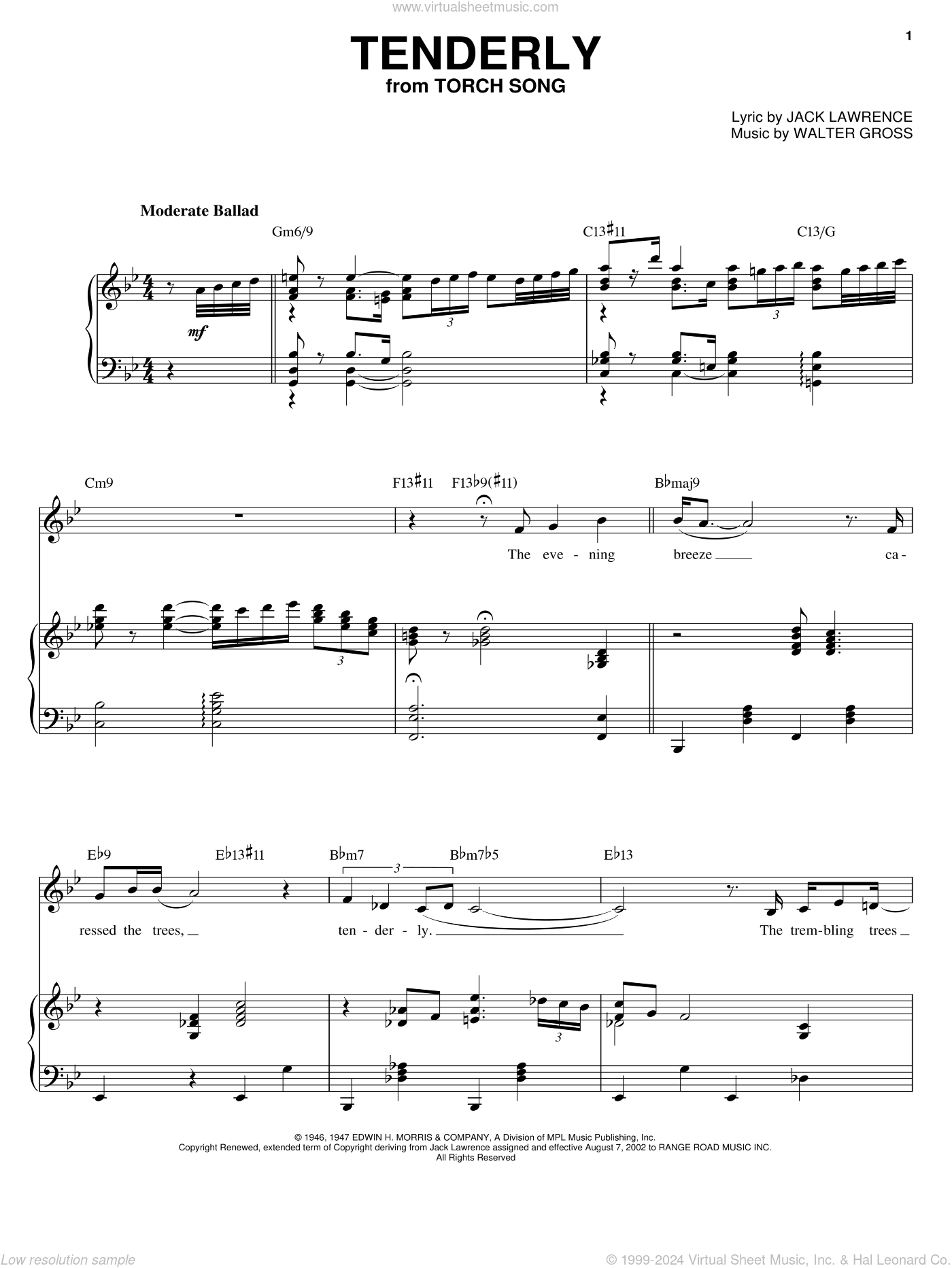 Sarah Vaughan: Tenderly sheet music for voice and piano (PDF)