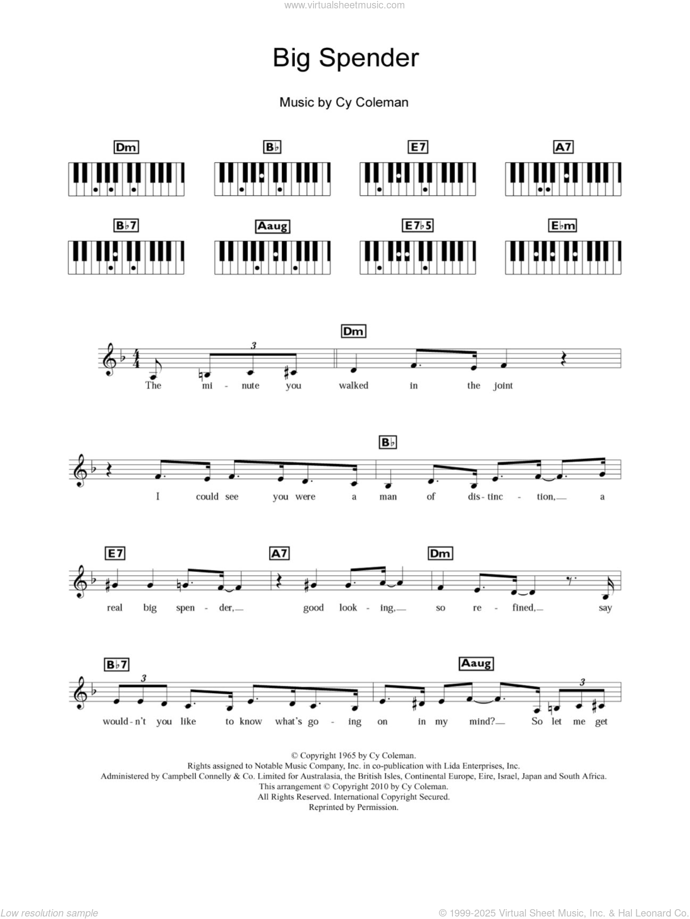 Big Spender sheet music (intermediate) for piano solo (chords, lyrics ...