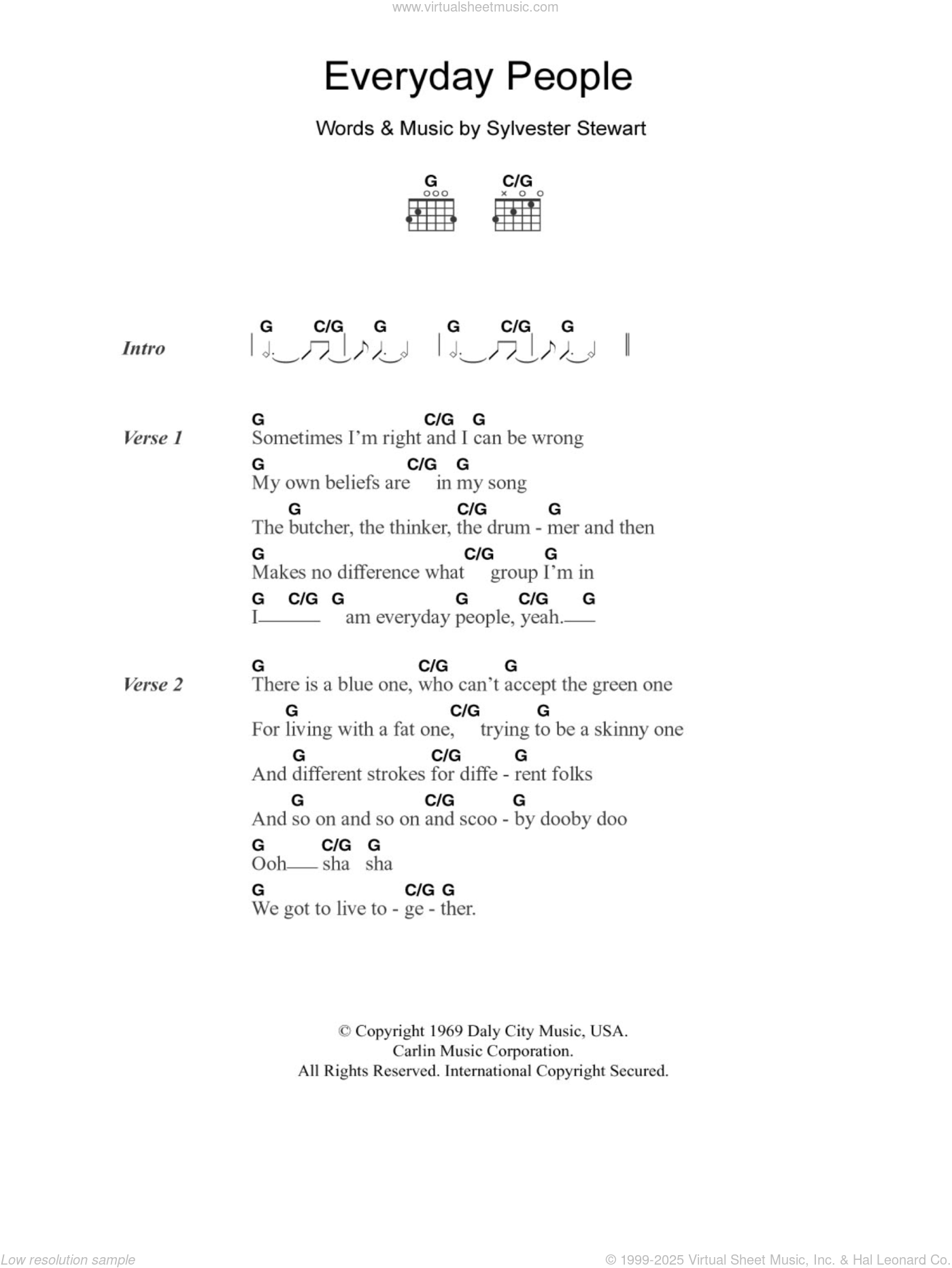 Sly And The Family Stone: Everyday People sheet music for guitar (chords)