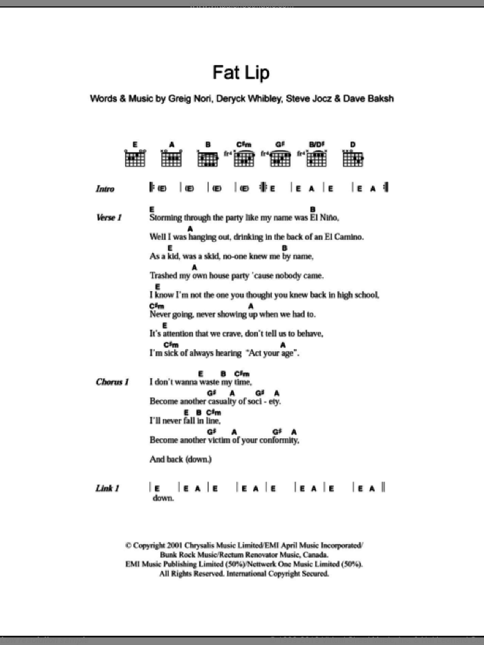 Fat Lip sheet music for guitar (chords) (PDF) v2