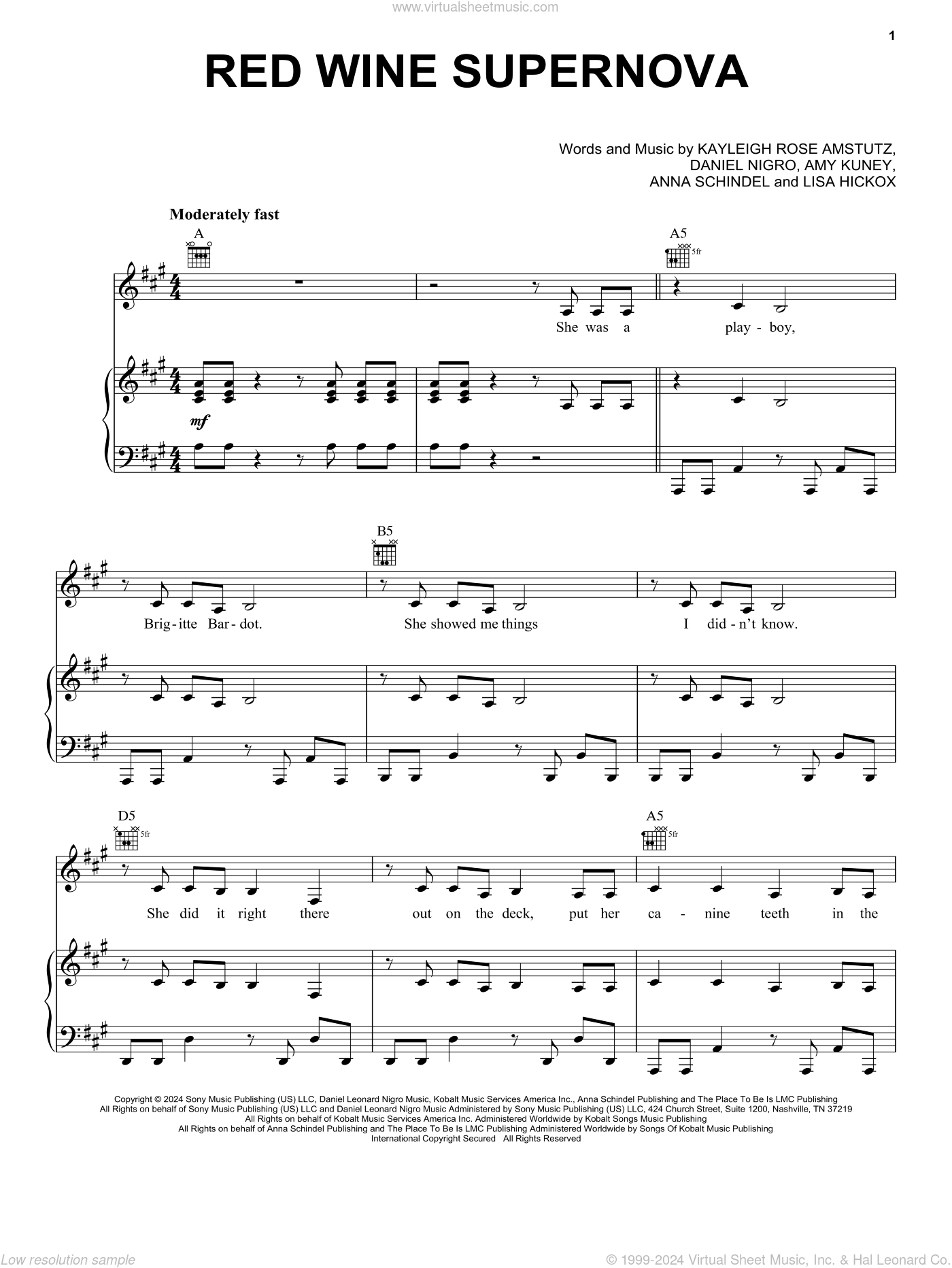 Red Wine Supernova sheet music for voice, piano or guitar (PDF)