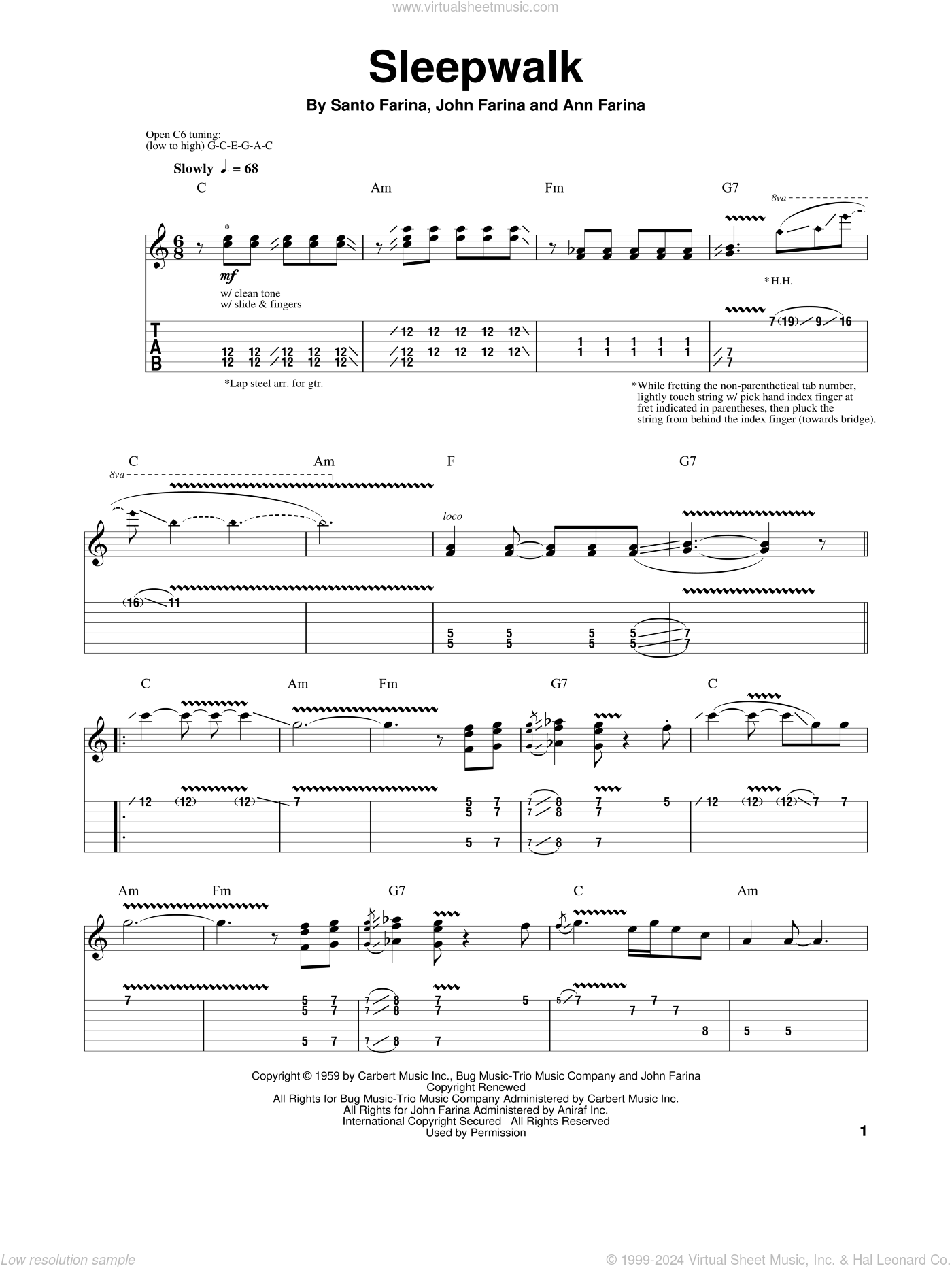 Sleepwalk sheet music for guitar (tablature, play-along) v2
