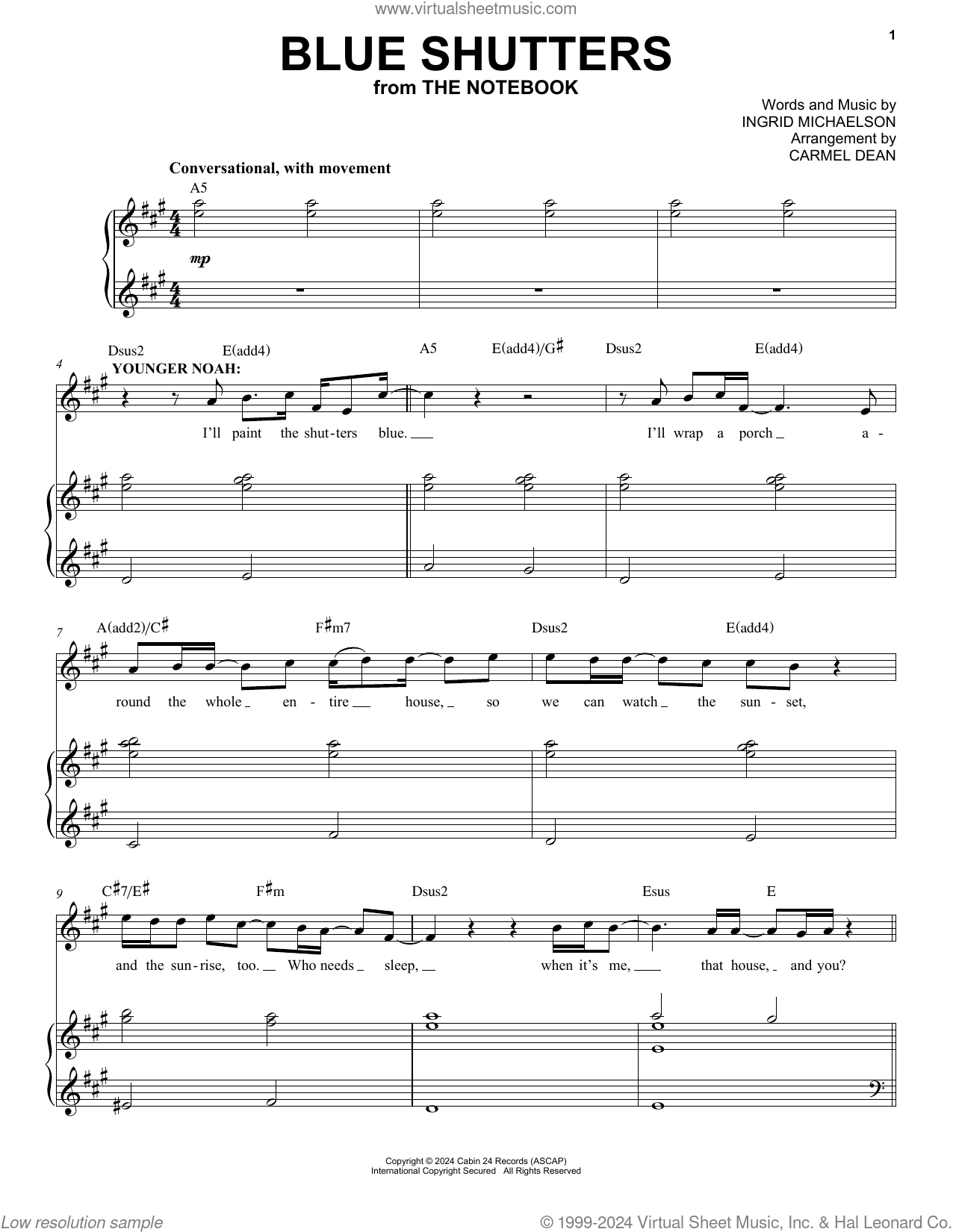 Blue Shutters (from The Notebook) sheet music for voice and piano
