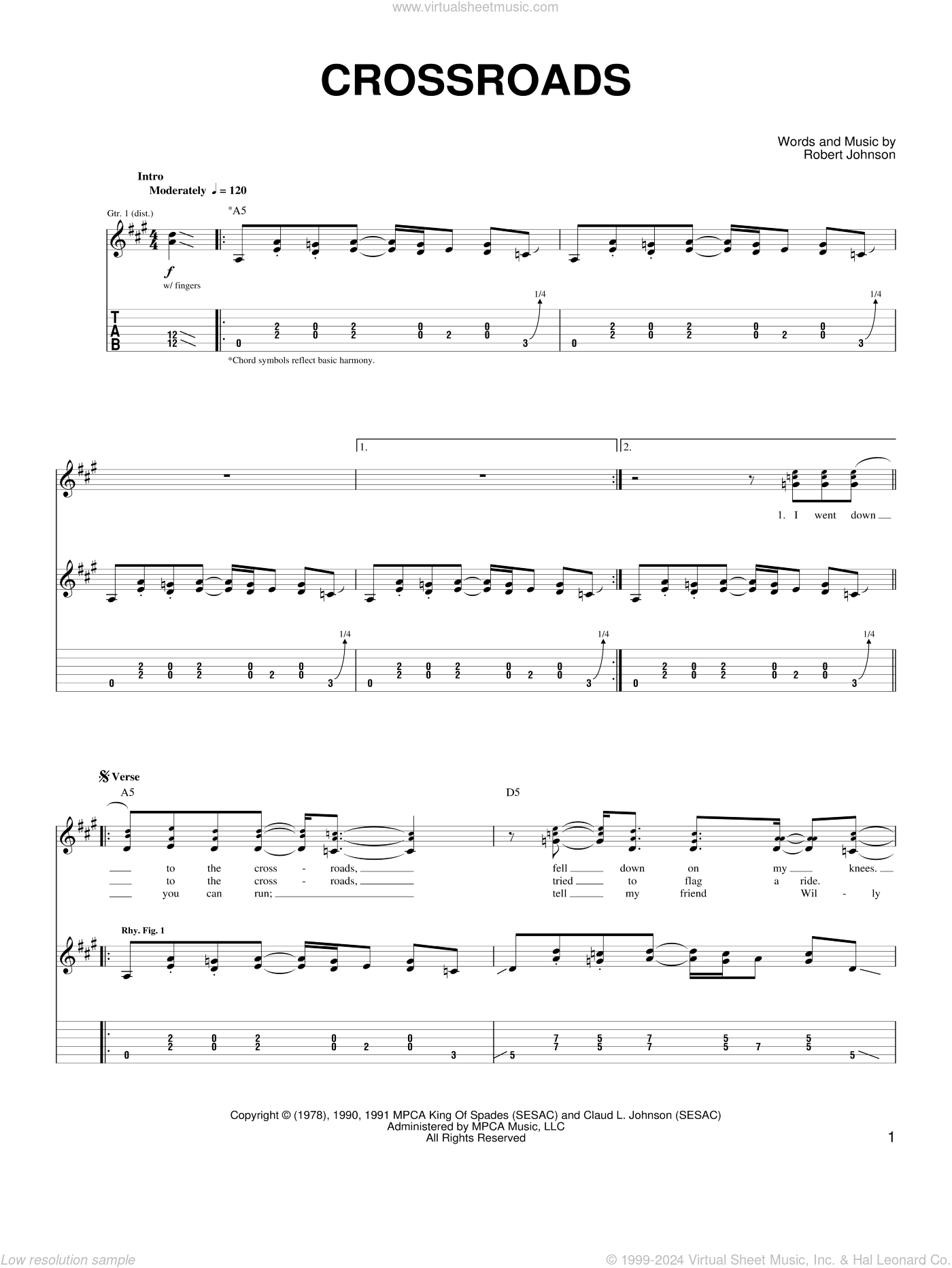 Cross Road Blues (Crossroads) sheet music for guitar solo (chords)